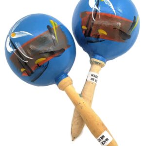 8" Hand Made Genuine Mexican Real Wooden Maracas (Pack of 2) (Blue)