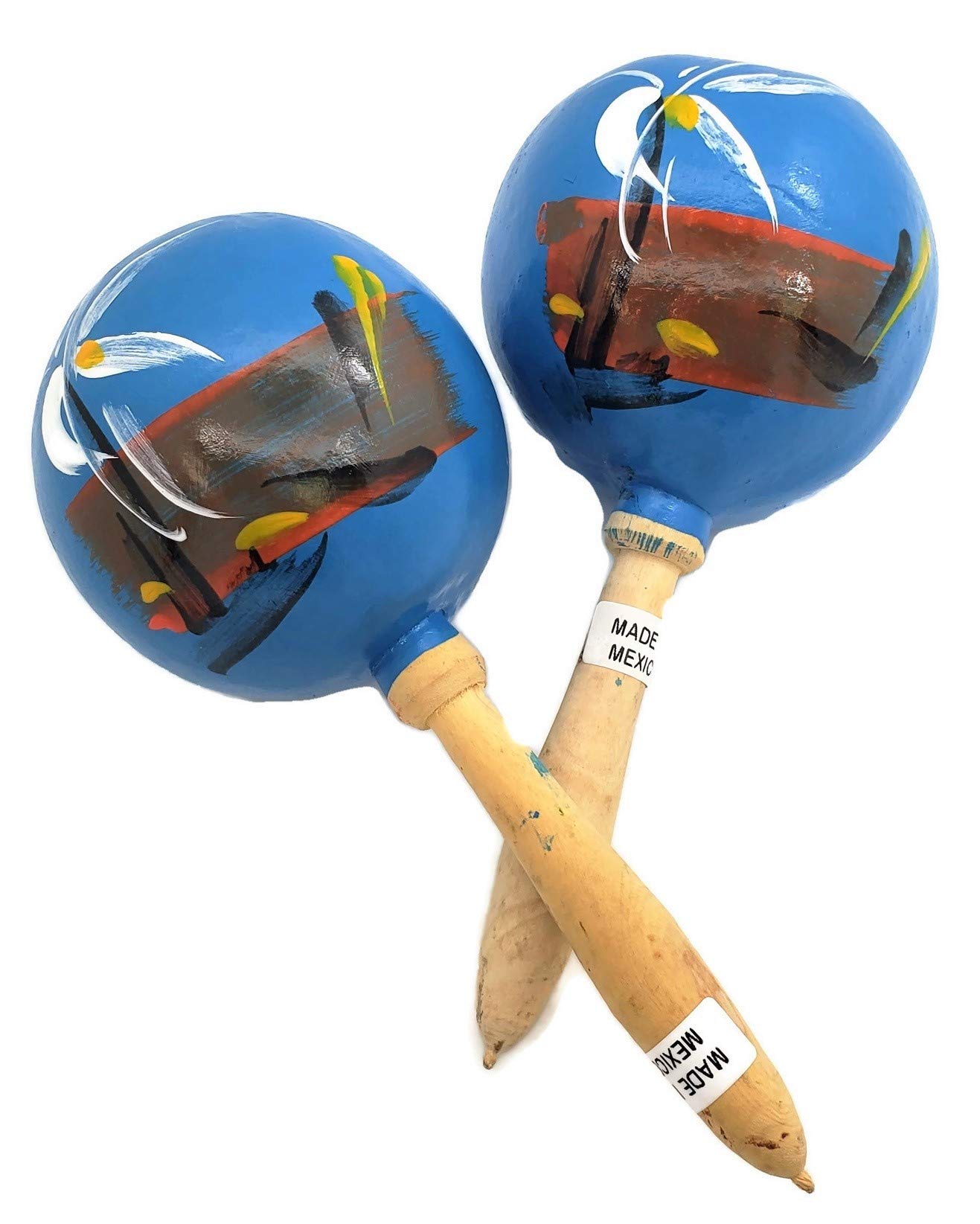 8" Hand Made Genuine Mexican Real Wooden Maracas (Pack of 2) (Blue)