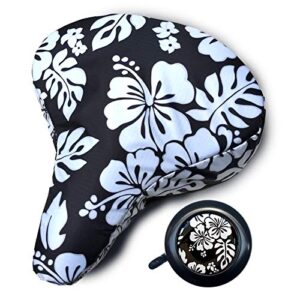 cruiser candy cushioned padded waterproof adjustable fun bike bicycle seat cover, beach cruiser seat cover, matching bike bell, cute beach cruiser bicycle bell free (black white hibiscus)