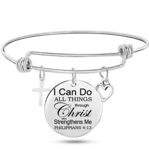 jude jewelers stainless steel adjustable size christian cross holy bible verses mantra bangle bracelet (philippians 4:13)