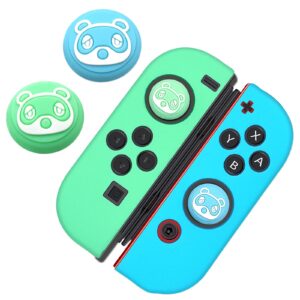 switch thumb grip caps joystick cap for nintendo switch & lite animal crossing cute little bear design (2 pcs green & blue), soft silicone case for joy-con controller