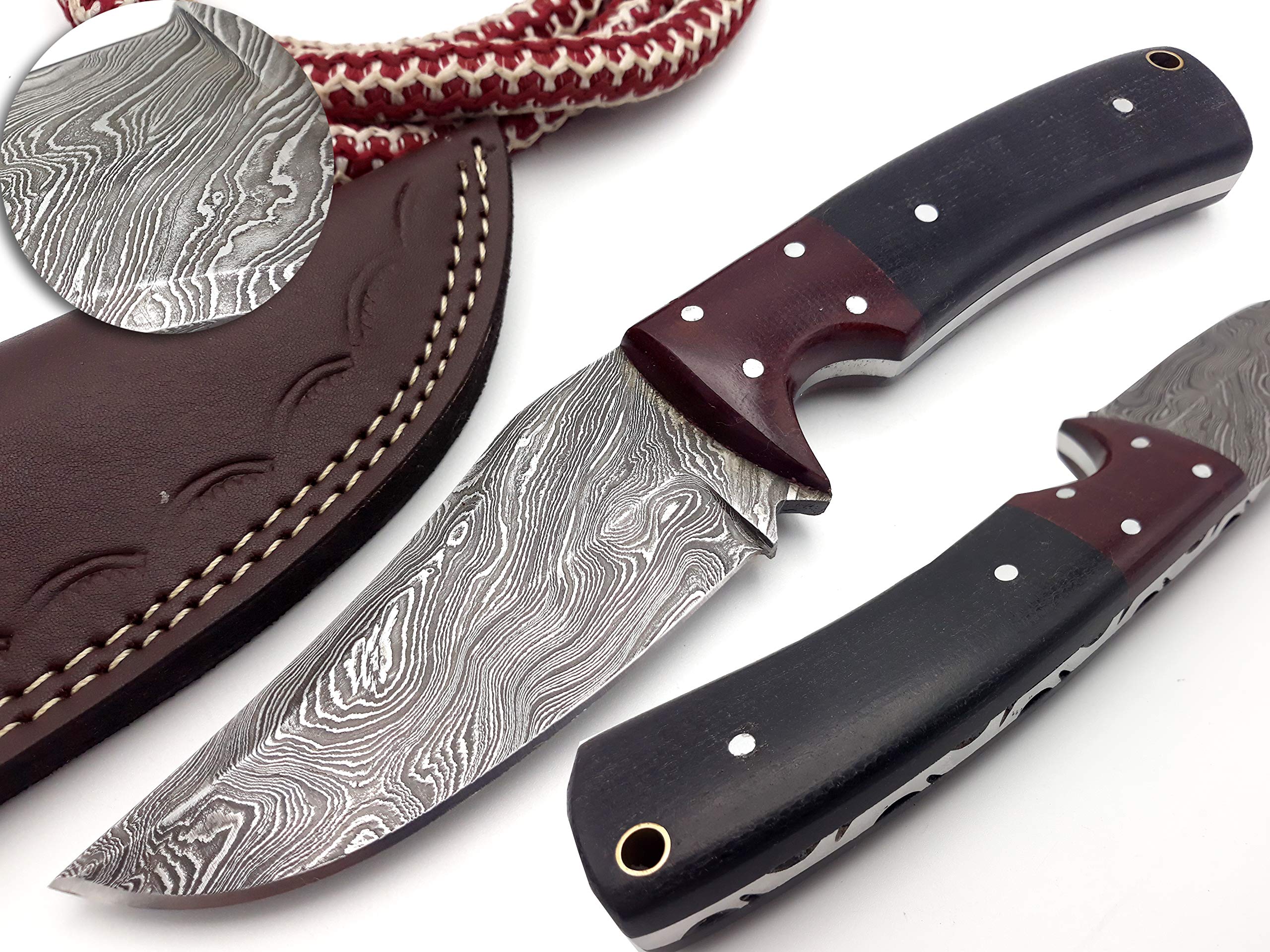 Nooraki SK-63 Handmade Damascus Hunting Knife 8.5 inches Full Tang Blade with Leather Sheath Skinner Knife, Camel Bone Handle