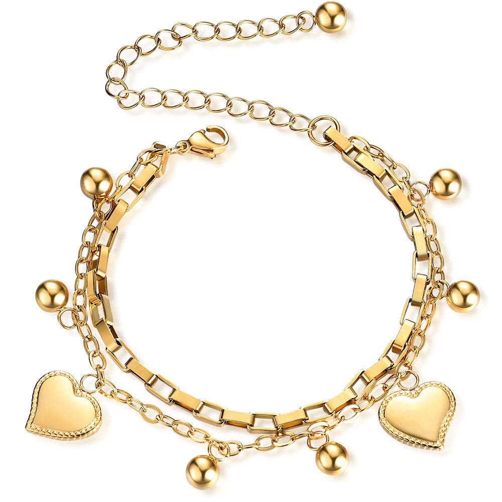 Jude Jewelers Stainless Steel Heart Charm Box Chain Adjustable Size Strand Bracelet (Gold)