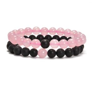 ad beads 2pcs his & hers distance beads bracelets elastic natural stone yoga bracelet (matt black agate+rose quartz)