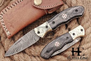 huntex custom handmade hand-forged twist pattern damascus steel 4 inch long pakka wood handle razor sharp hunting camping folding pocket drop point knife with genuine leather pouch