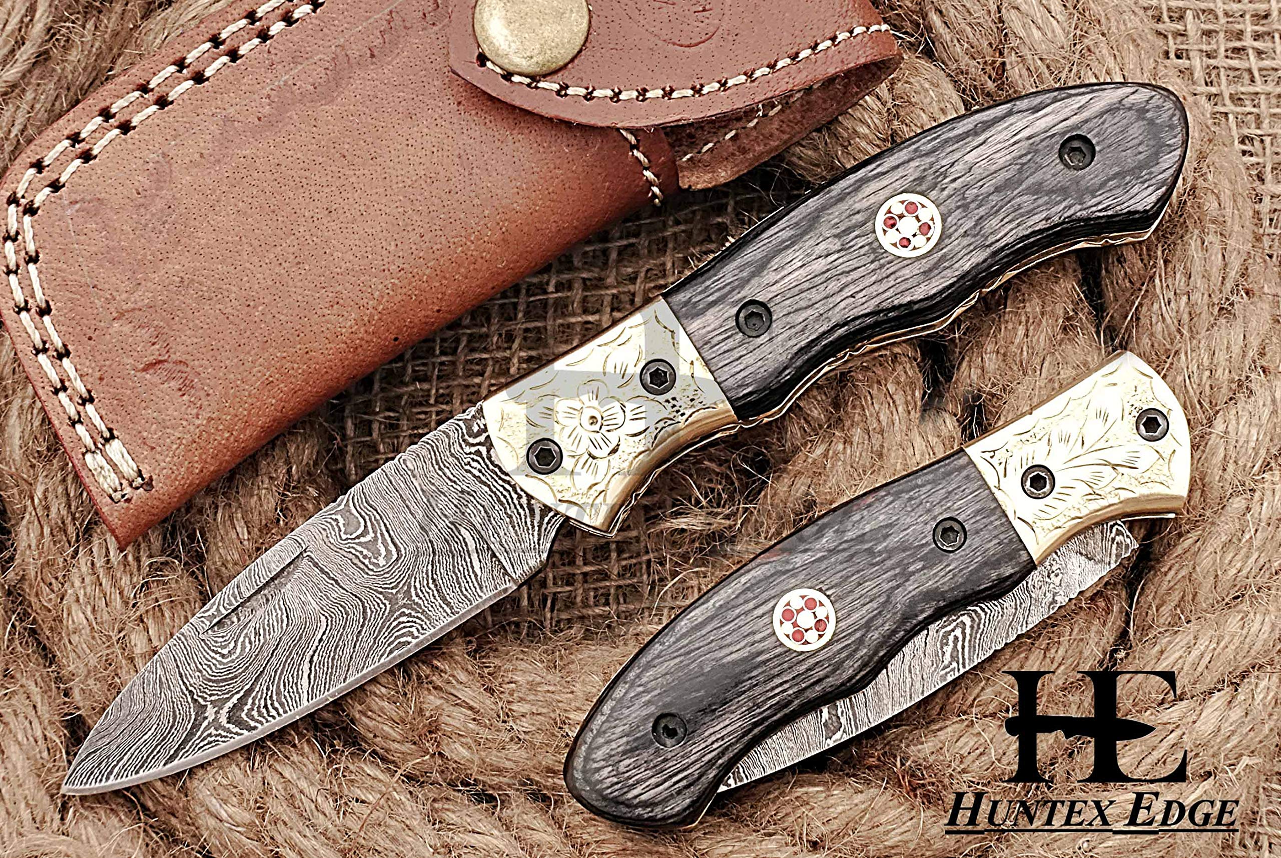 HUNTEX Custom Handmade Hand-Forged Twist Pattern Damascus Steel 4 Inch Long Pakka Wood Handle Razor Sharp Hunting Camping Folding Pocket Drop Point Knife with Genuine Leather Pouch