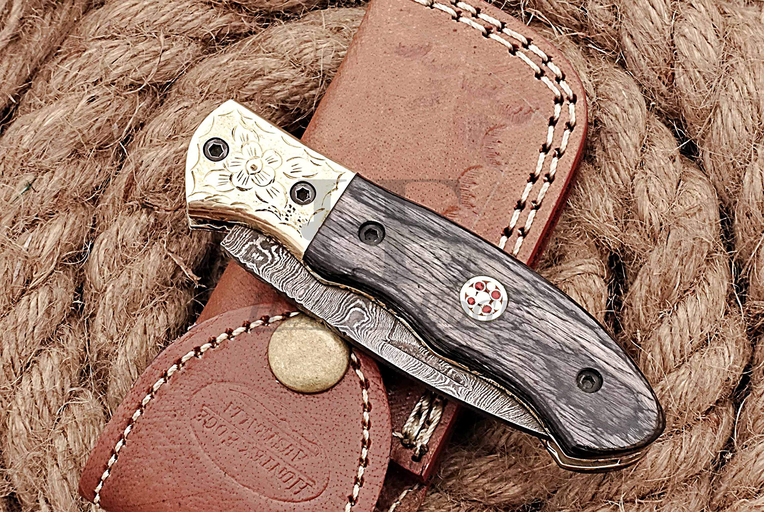 HUNTEX Custom Handmade Hand-Forged Twist Pattern Damascus Steel 4 Inch Long Pakka Wood Handle Razor Sharp Hunting Camping Folding Pocket Drop Point Knife with Genuine Leather Pouch