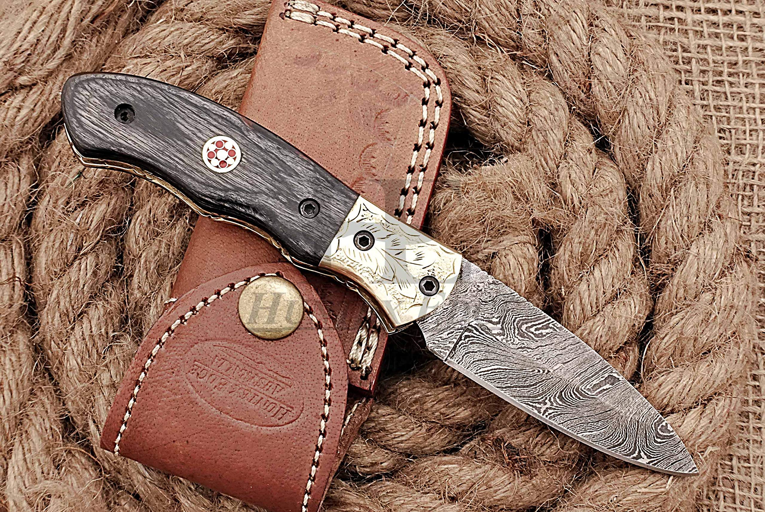 HUNTEX Custom Handmade Hand-Forged Twist Pattern Damascus Steel 4 Inch Long Pakka Wood Handle Razor Sharp Hunting Camping Folding Pocket Drop Point Knife with Genuine Leather Pouch