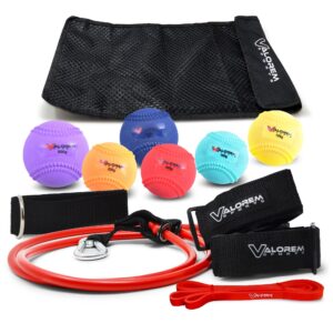 valorem sports plyo weighted balls baseball set - bonus j-bands, loop bands & carry bag - set of 6 (3.5 to 32 oz) - soft shell, weighted balls for pitching, hitting & batting training