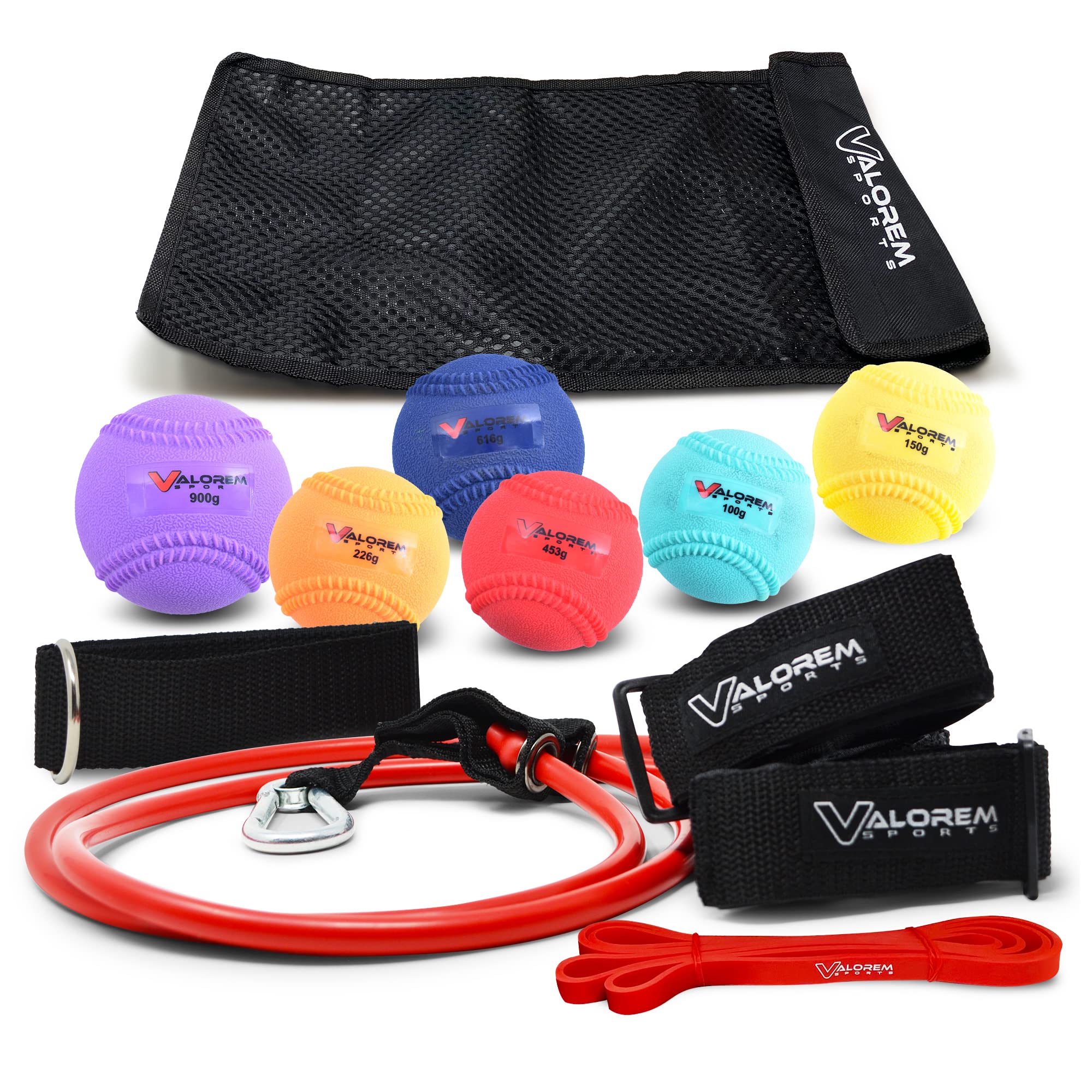 Valorem Sports Plyo Weighted Balls Baseball Set - Bonus J-Bands, Loop Bands & Carry Bag - Set of 6 (3.5 to 32 oz) - Soft Shell, Weighted Balls for Pitching, Hitting & Batting Training