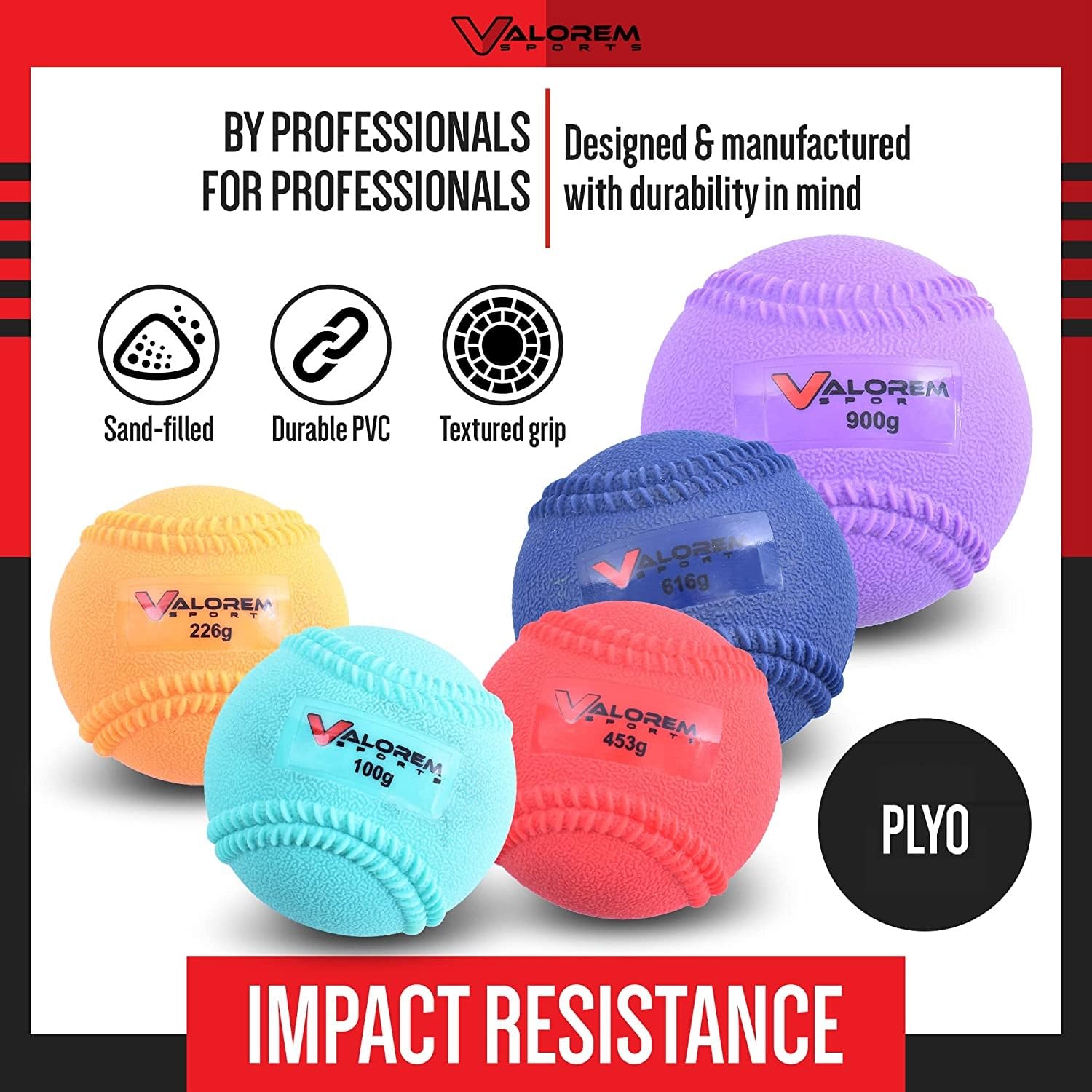 Valorem Sports Plyo Weighted Balls Baseball Set - Bonus J-Bands, Loop Bands & Carry Bag - Set of 6 (3.5 to 32 oz) - Soft Shell, Weighted Balls for Pitching, Hitting & Batting Training