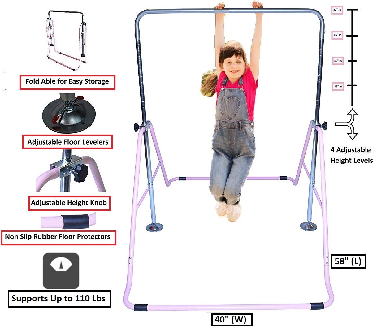 GYMPRO Kids Gymnastics Bar Horizontal Bar Junior Gymnastic Training Equipment Height Adjustable Climb Tower Balance Bar Asymmetric Bar Playground (Pink)