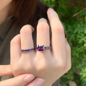 SHELOVES Women Black Gold Plated Wedding Rings Purple Amethyst Princess Cz Engagement Ring Sets 5