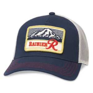 american needle rainier beer valin adjustable snapback trucker baseball hat, ivory/navy (smu500c-pbc)