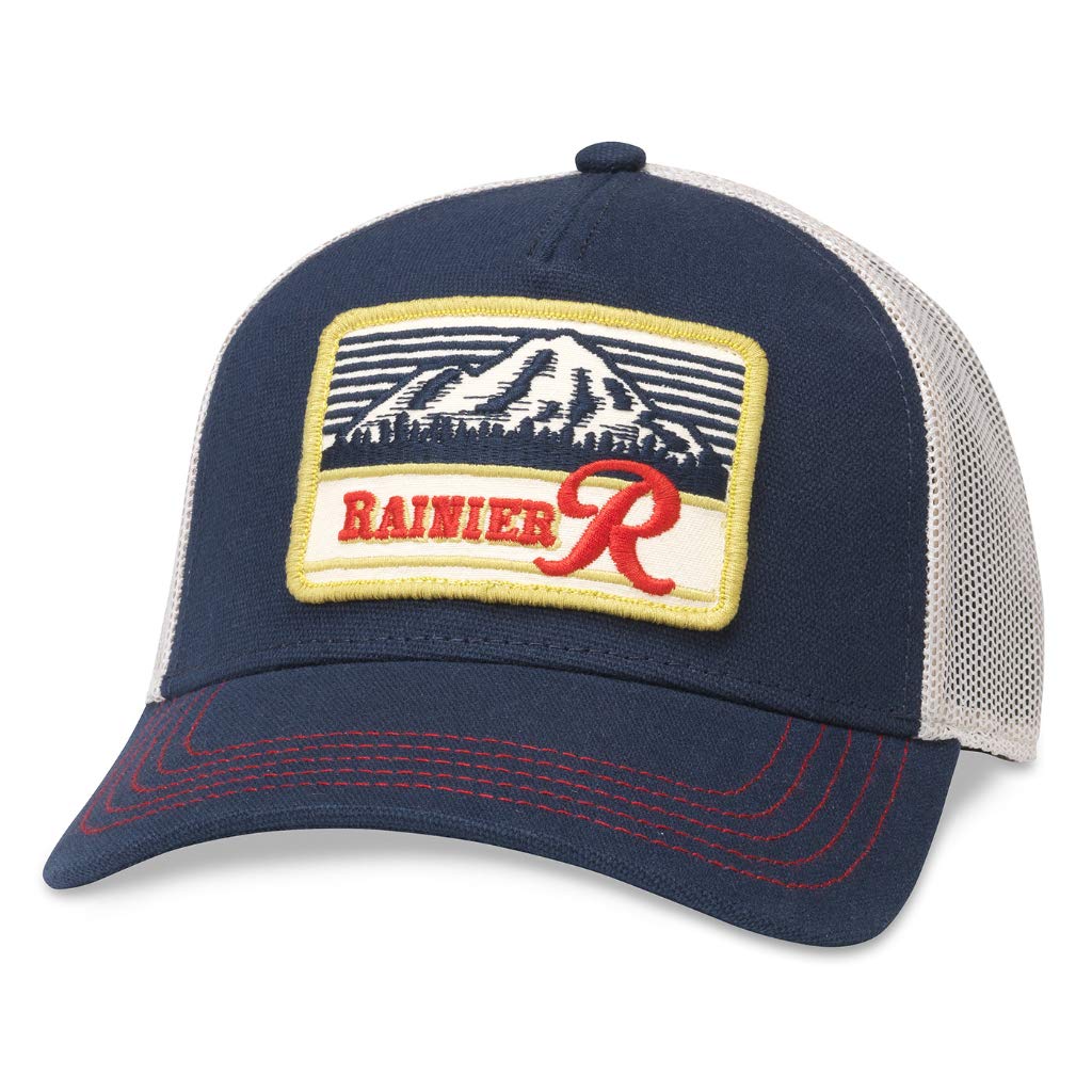 AMERICAN NEEDLE Rainier Beer Valin Adjustable Snapback Trucker Baseball Hat, Ivory/Navy (SMU500C-PBC)