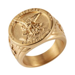 hzman st. michael san miguel the great protector archangel defeating satan figurine stainless steel amulet ring (gold-a, 10)