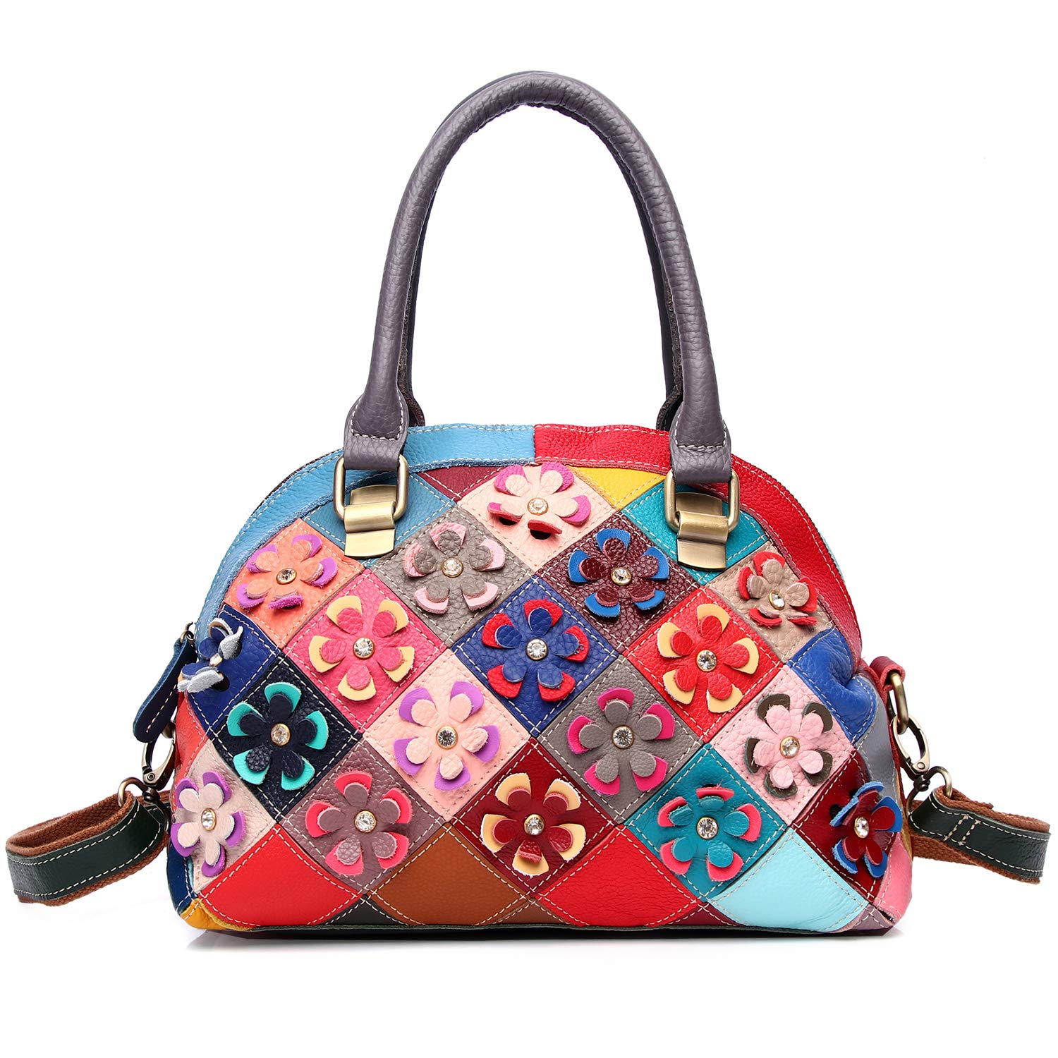 Women Multicolor Shell Bag Genuine Leather Cute Tote Bag Colorful Handbag Purses (Flower-Multicoloured-S)