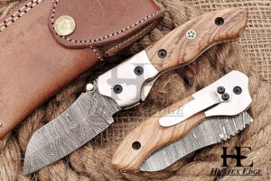 huntex custom handmade hand-forged twist pattern damascus steel 3.7 inch long natural olive wood handle razor sharp hunting folding pocket wharncliffe knife with pocket clip & genuine leather pouch