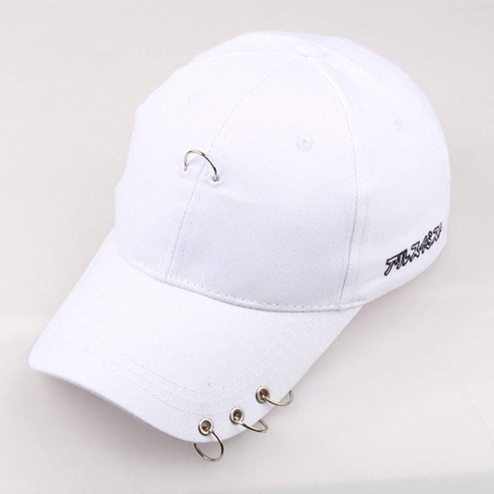 Kpop Hat Baseball Cap Rings Outdoor Iron Ring Caps Cotton Snapback Hats Casual Adjustable Dad Hat Hip Hop Hats (White)