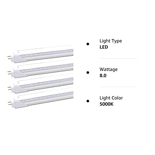 T8 T10 T12 2FT LED Light Tube - 8W LED Replacement for 24 inch Fluorescent Bulb, 20W Equivalent, 1120Lm, 5000K Daylight White, Ballast Bypass, Dual-End Powered, Clear Cover (Pack of 4)