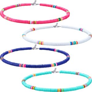 hicarer 4 pcs summer heishi surfer necklace heishi beaded necklace bohemian bead choker colorful vinyl disc boho beach necklace for women