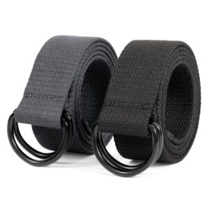 jasgood 2 pack men black canvas belt, webbing cloth d ring buckle belt extra long with metal tip for pants (black/gray,fit waist size 34-39 inch)