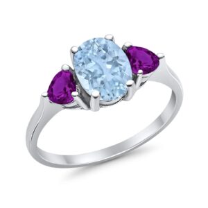 blue apple co. simulated aquamarine cubic zirconia size-9 fashion promise ring 3-stone oval & heart simulated amethyst cz 925 sterling silver