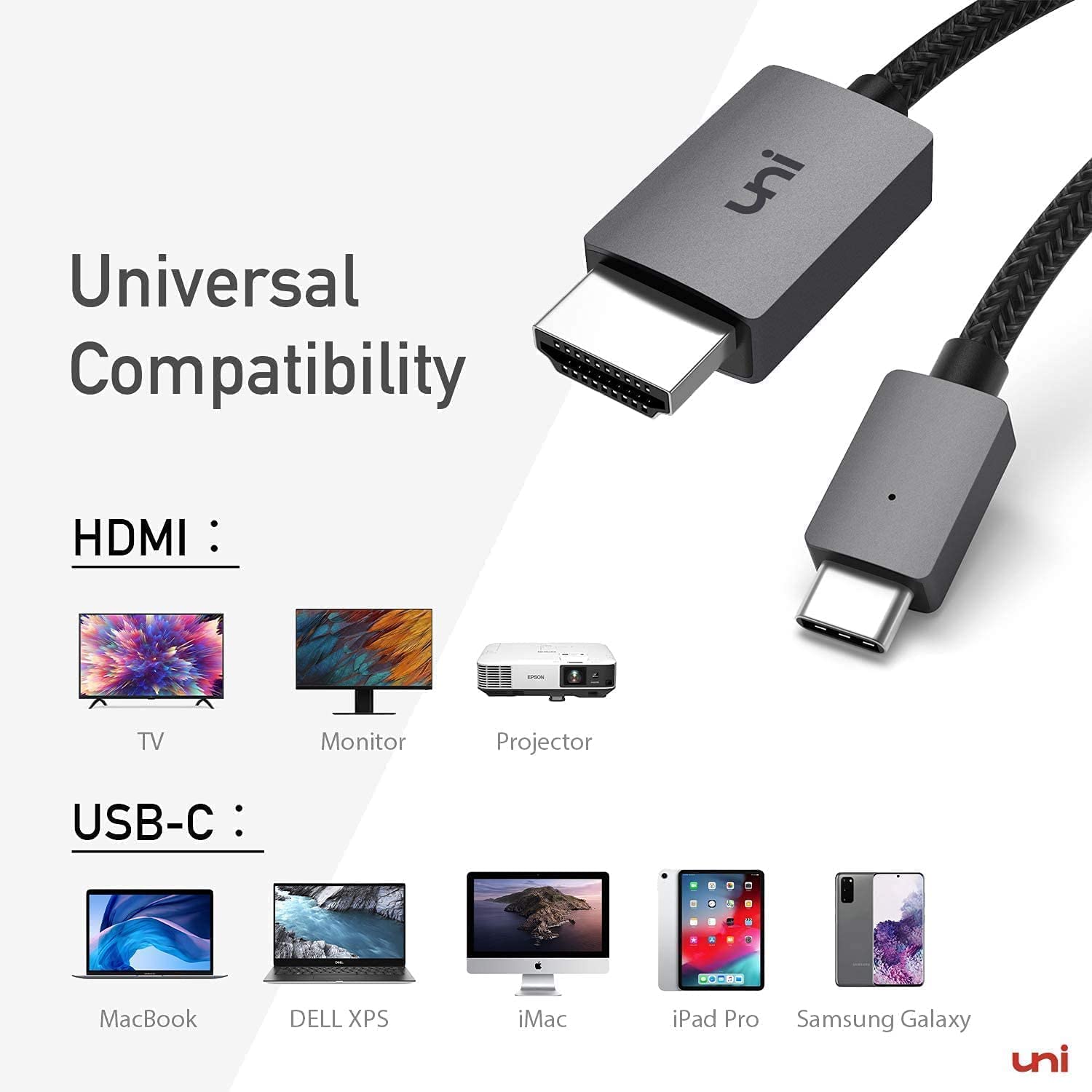 uni USB C to HDMI Cable 10FT 4K@30Hz, USB Type C to HDMI Cable for Home Office, [Thunderbolt 3/4 Compatible] with MacBook Pro/Air, iPhone 15 Pro/Max, Galaxy S8-S23, Surface Book 2, XPS, Chromebook