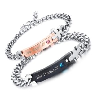 redrain 2pcs couples bracelets his hers matching set stainless steel chain adjustable anniversary promise birthday gifts jewelry (angel/warrior)