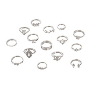 wpop59ne ring set, 15pcs/set boho women rhinestone leaf heart geometric finger ring jewelry gift 8946