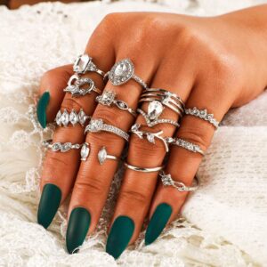 wpOP59NE Ring Set, 15Pcs/Set Boho Women Rhinestone Leaf Heart Geometric Finger Ring Jewelry Gift 8946