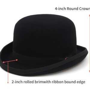 EOZY Mens 100% Wool Black Bowler Derby Hat Satin Lined Fedora Party Costume Hat