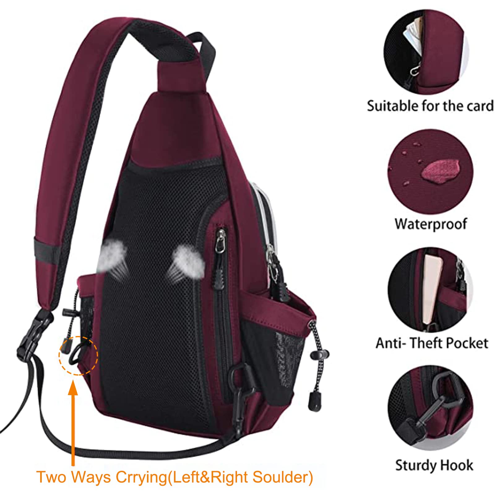 MOSISO Sling Backpack Double Layer Hiking Daypack Men/Women Chest Shoulder Bag, Wine Red