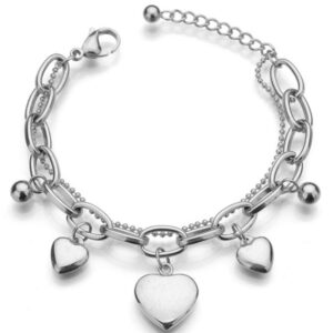 jude jewelers stainless steel heart charm linked chain strand bracelet (silver)