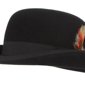 EOZY Mens 100% Wool Black Derby Hat with Removable Feather Satin Lined Roll Brim Bowler Hat