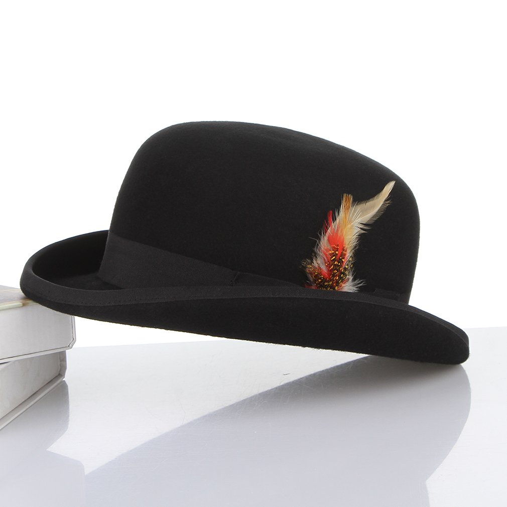 EOZY Mens 100% Wool Black Derby Hat with Removable Feather Satin Lined Roll Brim Bowler Hat