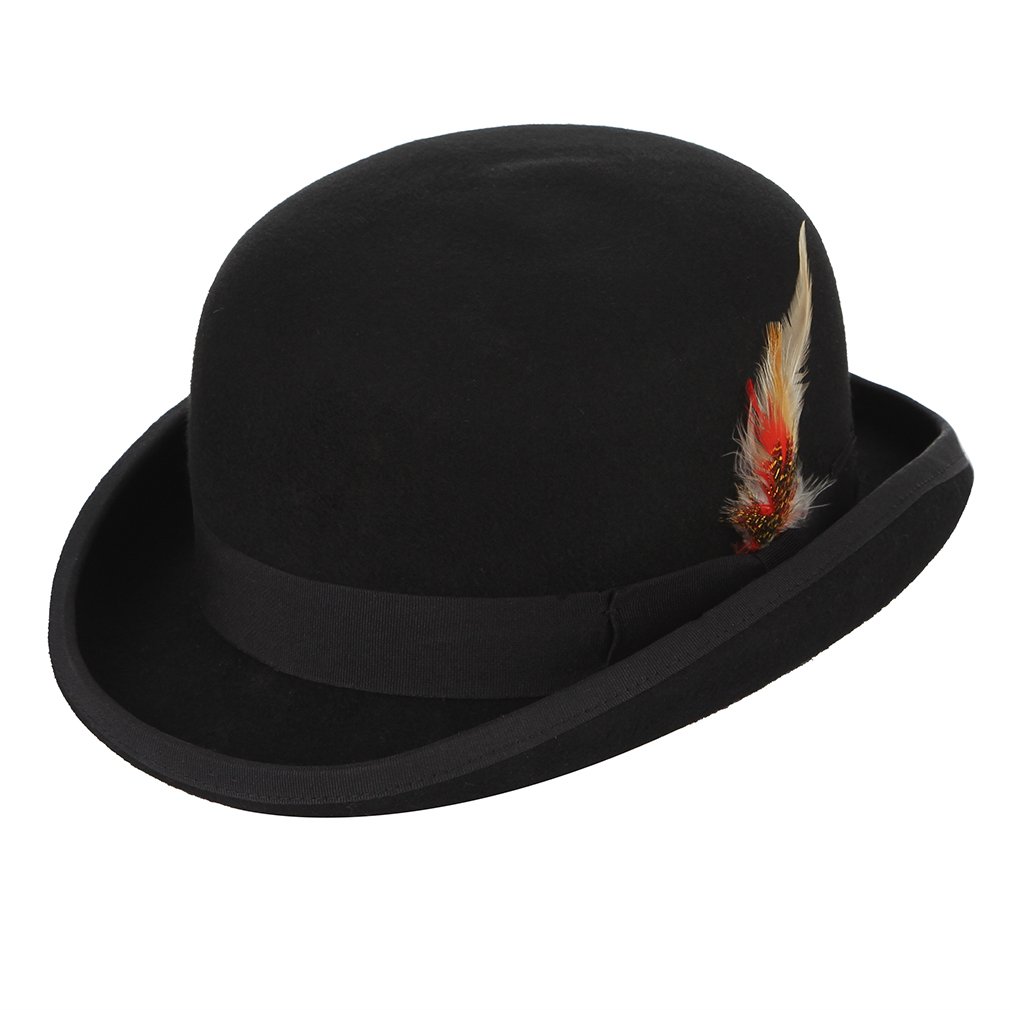 EOZY Mens 100% Wool Black Derby Hat with Removable Feather Satin Lined Roll Brim Bowler Hat