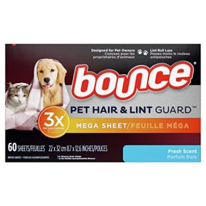 bounce bounce pet hair & lint guard mega dryer sheets with 3x pet hair fighters, fresh scent, 60count