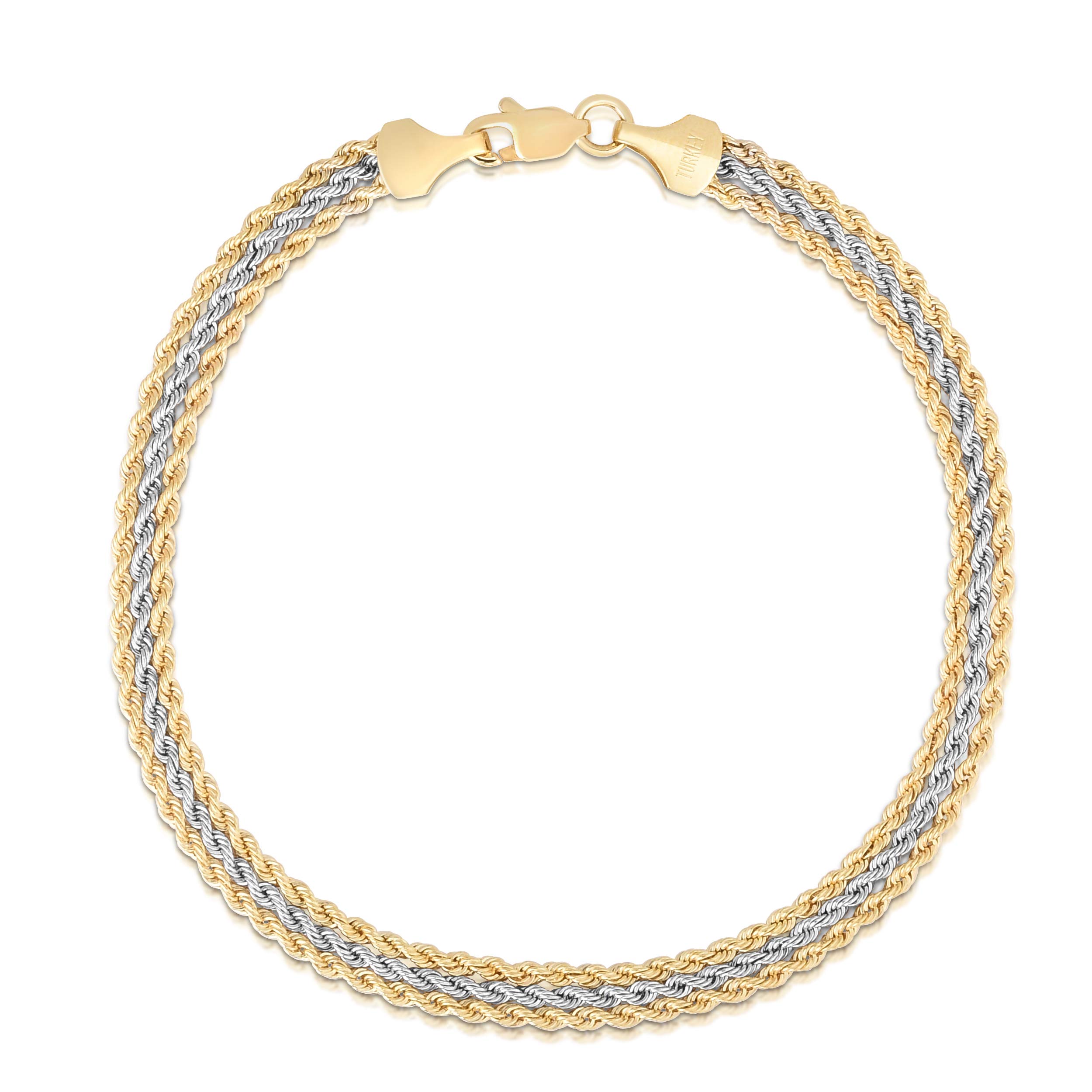 Floreo 10k Two Tone Yellow and White Gold Triple Strand Rope Bracelet 7.25”