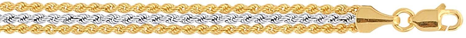 Floreo 10k Two Tone Yellow and White Gold Triple Strand Rope Bracelet 7.25”