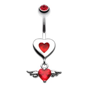 pierced owl 14g stainless steel red cz crystal winged heart dangling belly button ring