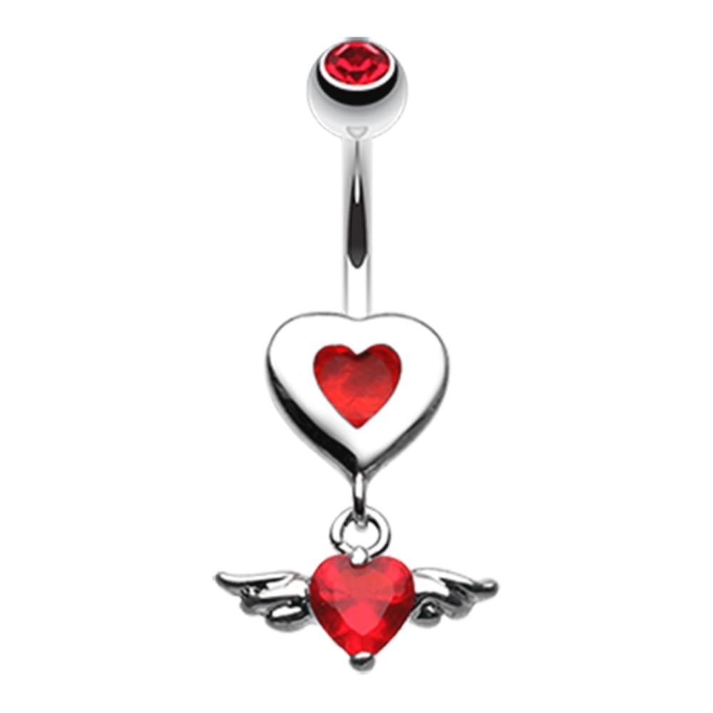 Pierced Owl 14G Stainless Steel Red CZ Crystal Winged Heart Dangling Belly Button Ring