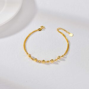 18K Yellow Gold Ball Bracelet Jewelry Gift for Women, Dainty Real Gold Italian Double Chain Bracelets Fine Jewelry Gift for Her, Wife, Girlfriend 6.5"+1"