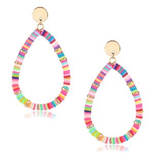 phalin colorful heishi bead dangle drop earrings for women multicolored polymer clay beaded hoop dangle earring studs for summer beach vacation (teardrop)