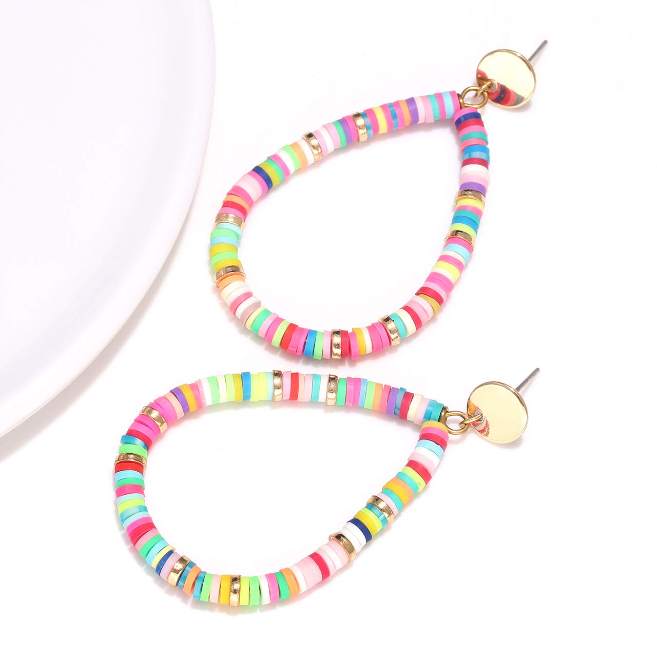 PHALIN Colorful Heishi Bead Dangle Drop Earrings for Women Multicolored Polymer Clay Beaded Hoop Dangle Earring Studs for Summer Beach Vacation (Teardrop)