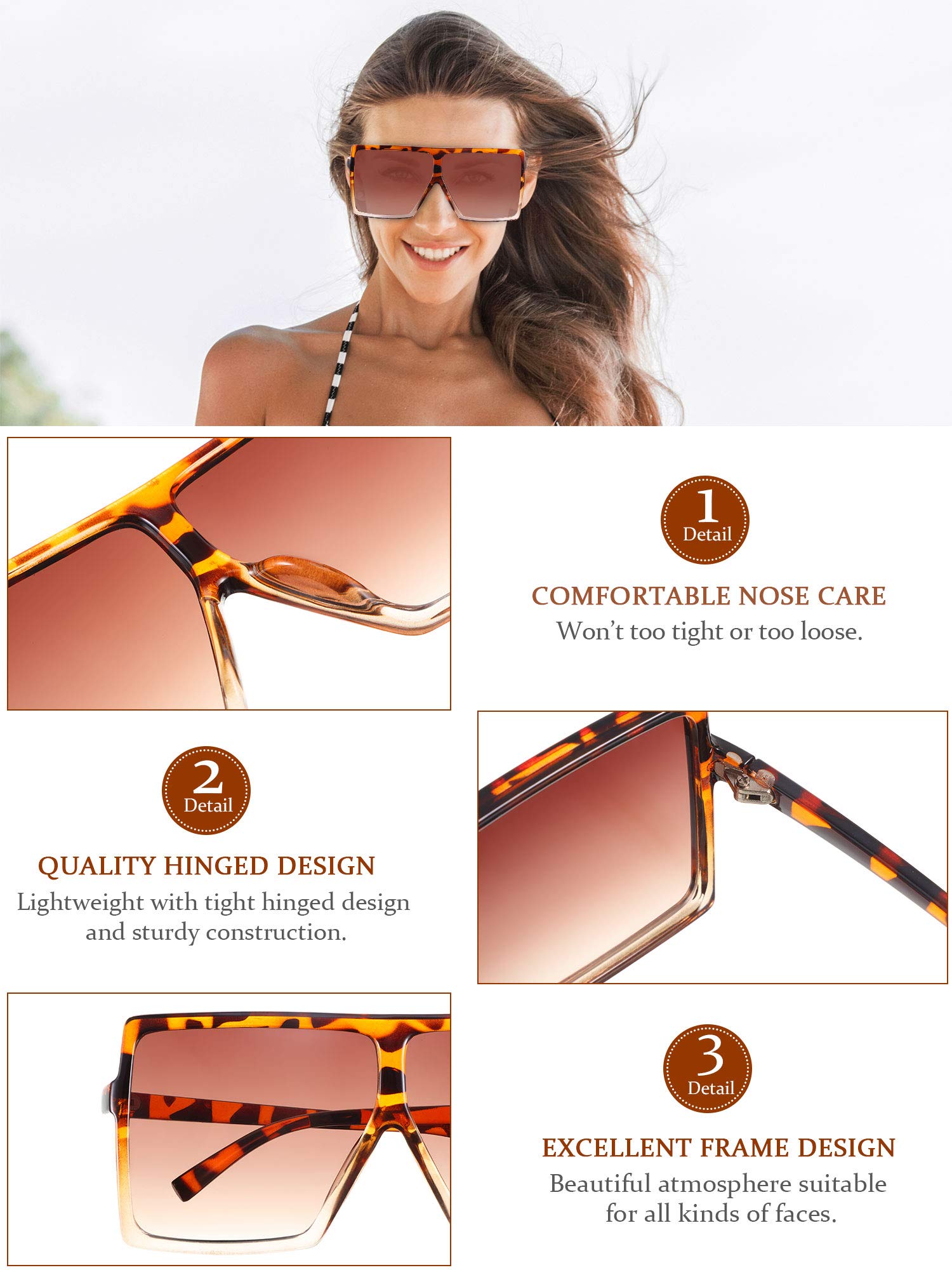 Frienda 6 Pieces Oversized Shades Square Top Sunglasses Square Oversized Sunglasses Fashion Shades for Women