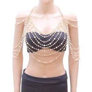 wraith of east sexy women pearls beaded body chain chest cover up tassel harness necklace bridal shoulder chain wedding jewery accessories, 109-gold, one size