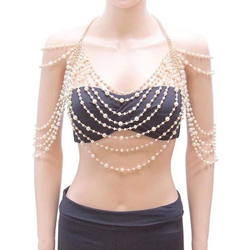 Wraith of East Sexy Women Pearls Beaded Body Chain Chest Cover Up Tassel Harness Necklace Bridal Shoulder Chain Wedding Jewery Accessories, 109-gold, One Size