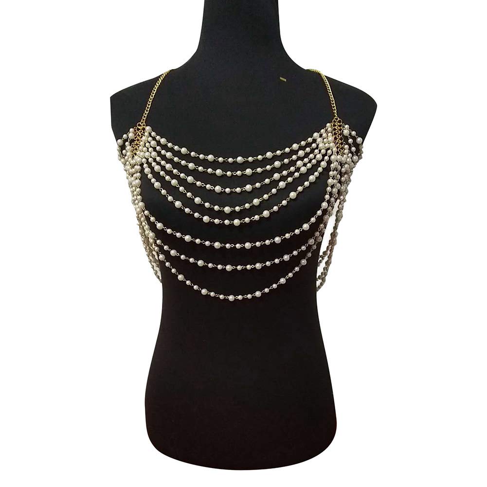 Wraith of East Sexy Women Pearls Beaded Body Chain Chest Cover Up Tassel Harness Necklace Bridal Shoulder Chain Wedding Jewery Accessories, 109-gold, One Size