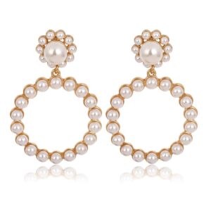 Denifery Gold Big Earrings Pearl Rhinestones Hoop Earrings for Women Lady Wedding Fashion Womens Jewelry (Gold)